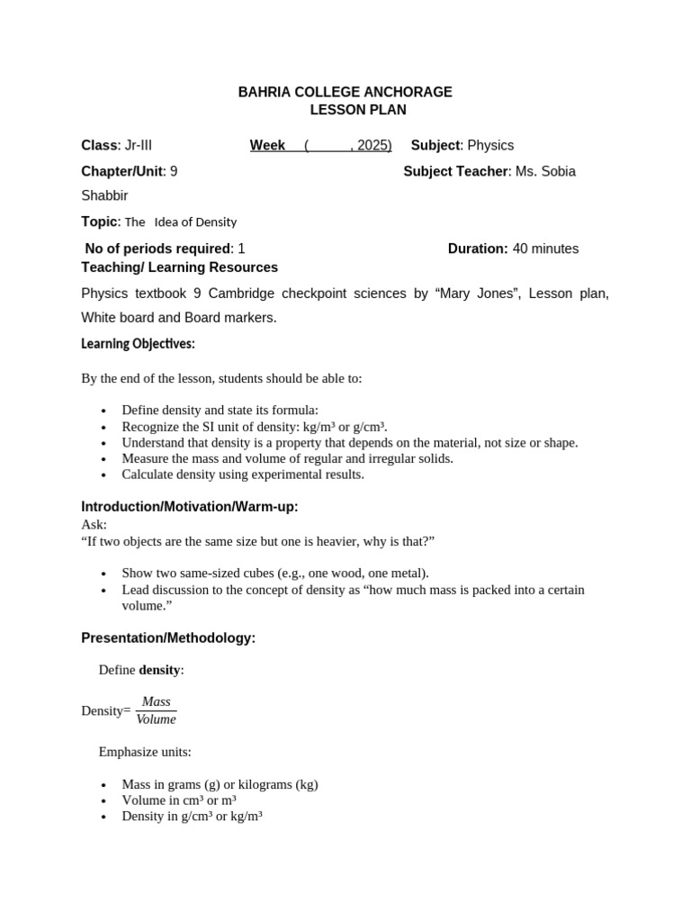 Density Lesson Plan for Jr-III Physics | PDF