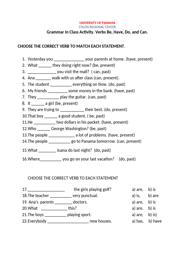 Gram. in Class Act. Verbs Be, Have, Do, Can. | PDF