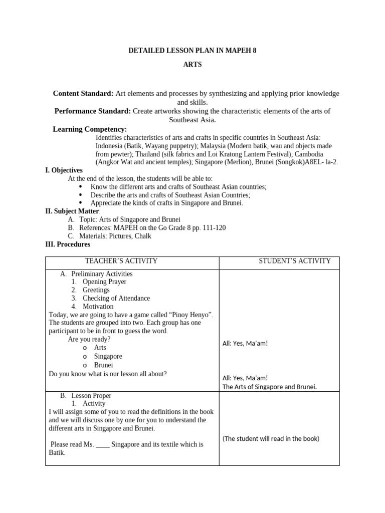 Arts Lesson Plan Arante | PDF | Southeast Asia | Lesson Plan