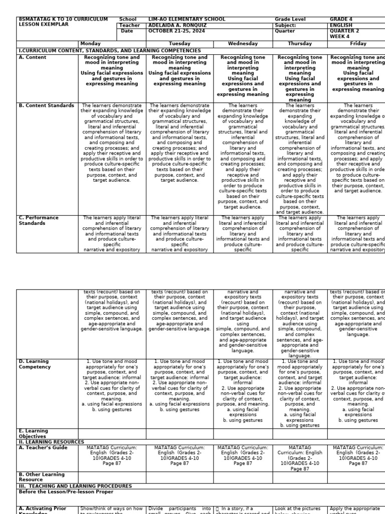 Grade 4-q2w4 (Matatag DLL) - English | PDF | Nonverbal Communication ...