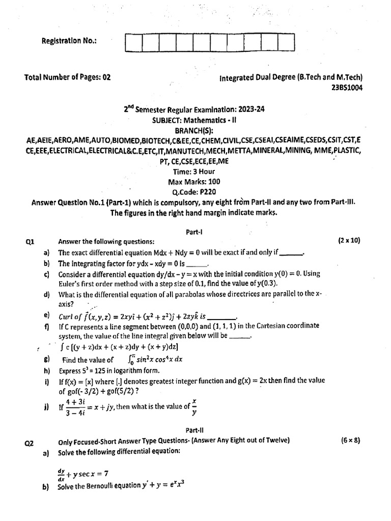 Btech Mtech 2 Sem Mathematics 2 23bs1004 2024 | PDF