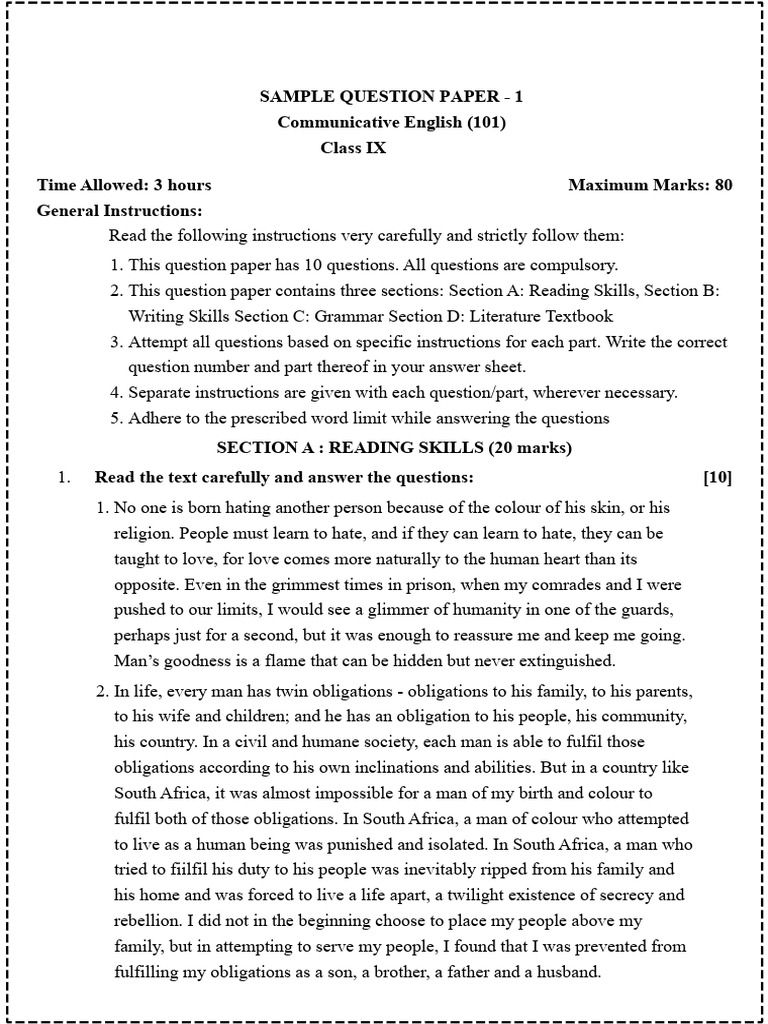 Class 9 Sample QP English Communicative English | PDF