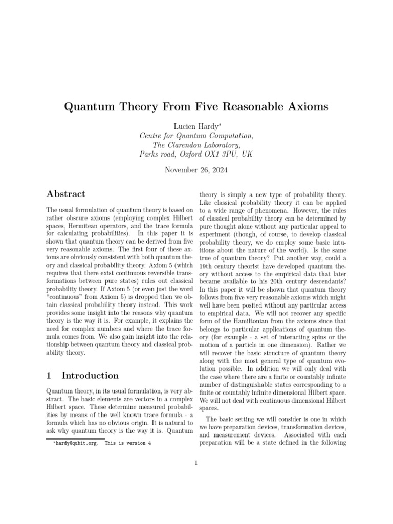 Quantum Theory From Five Reasonable Axioms (1to4) | PDF | Axiom | Hilbert Space
