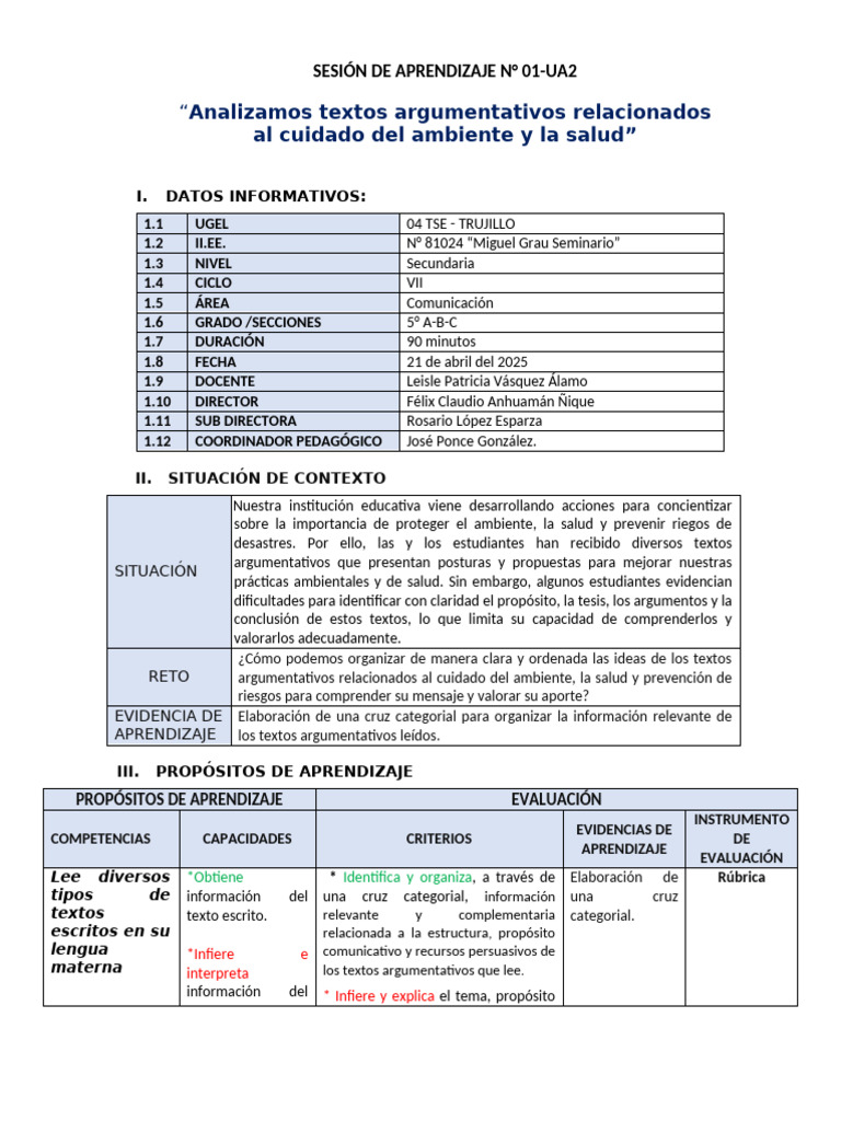 Sesión 01-Ua2 - Comunicación 5° 2025 | PDF | Evaluación