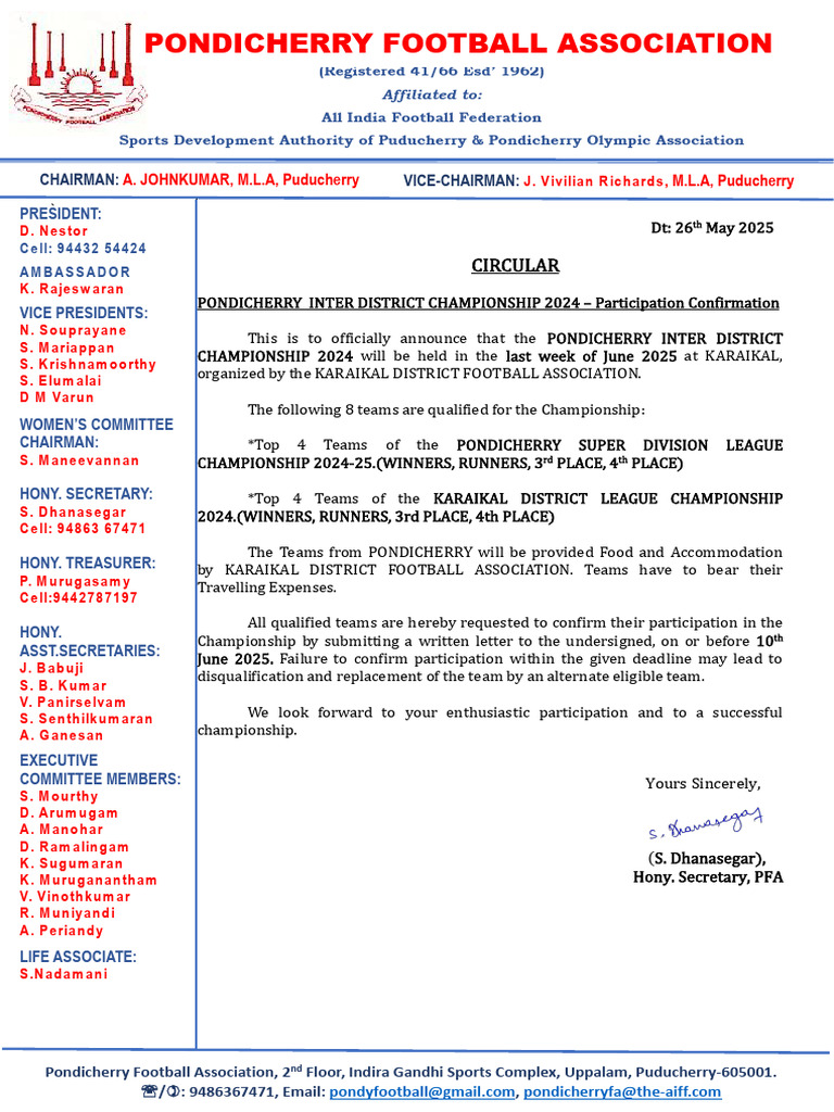 20 PFA Inter District Championship Circular | PDF