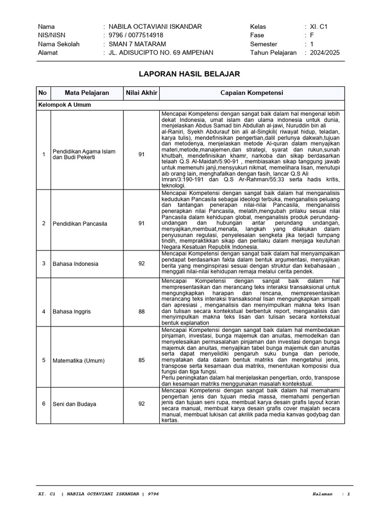 Rapor Siswa 20241 Nabila1 | PDF