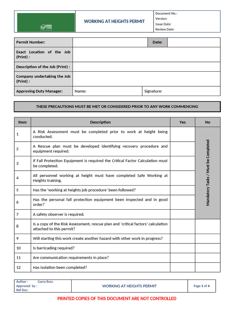 Working at Heights Safety Permit | PDF | Workplace | Occupational ...