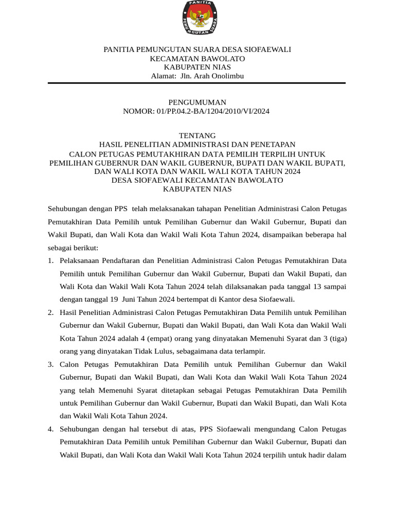 Pengumuman Hasil Penelitian Administrasi Pantarlih | PDF