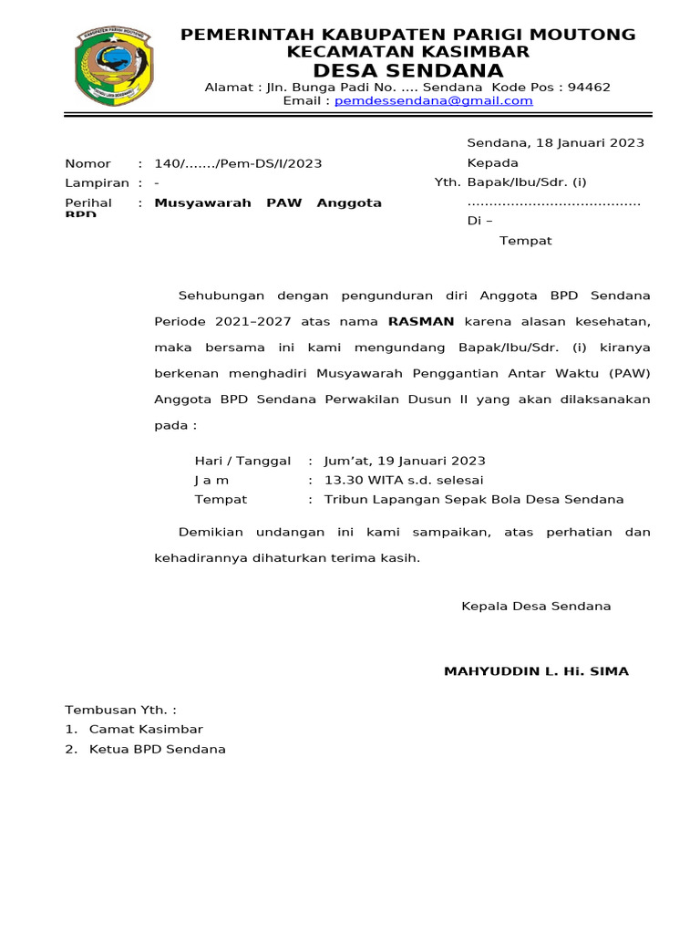 Undangan Musyawarah PAW BPD Sendana | PDF