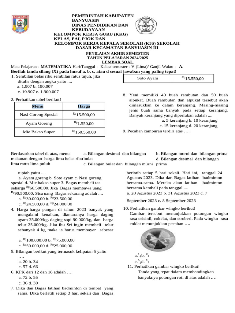 Soal Asas Ganjil Matematika Kelas 5 (Kolom) | PDF