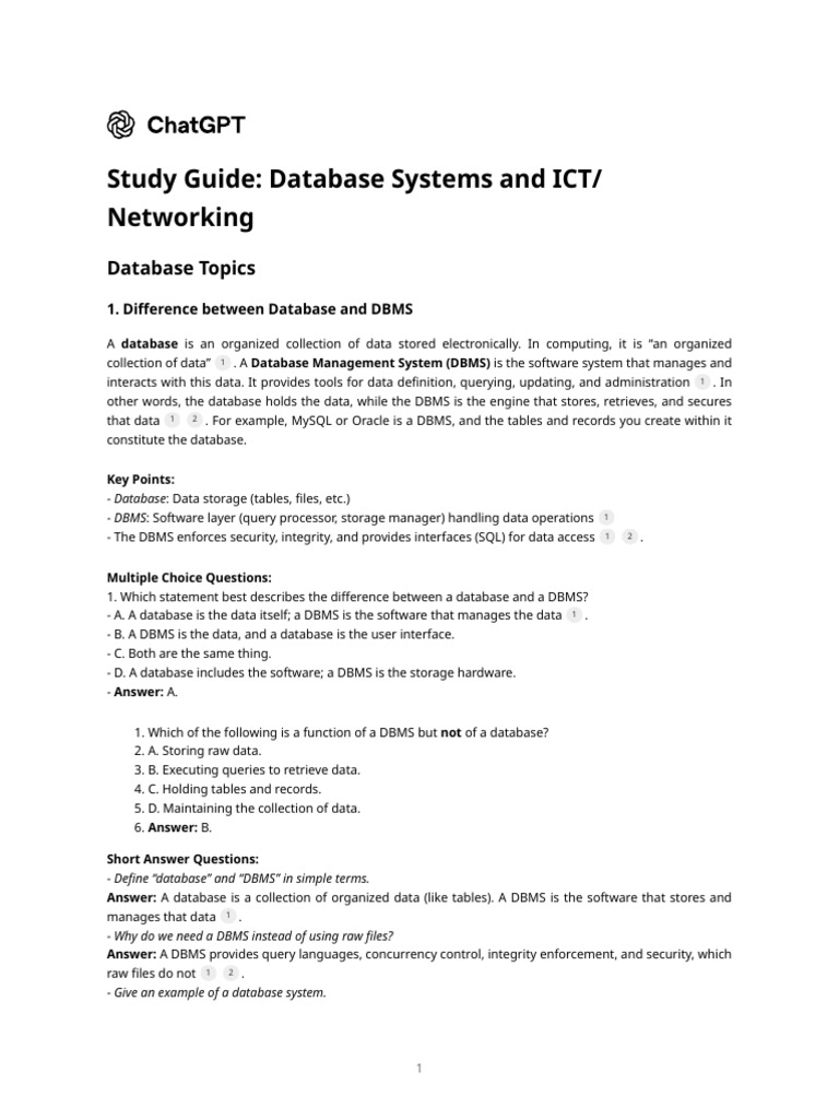 Study Guide - Database Systems and ICT - Networking | PDF | Databases | Internet Protocol Suite