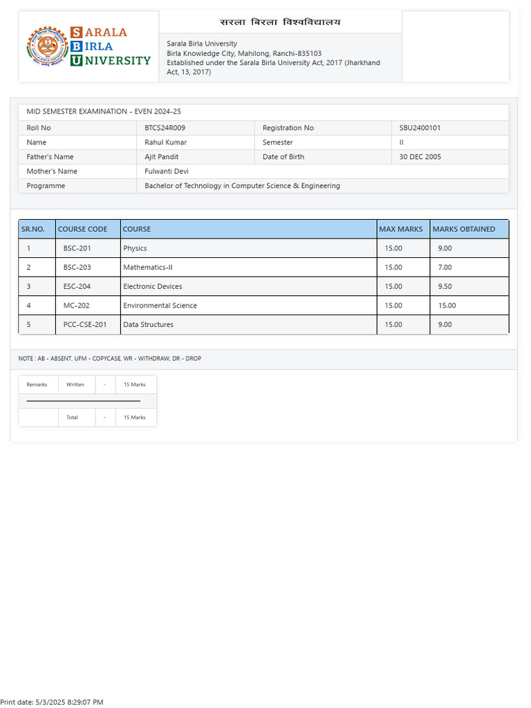 Mid Semester Results: B.Tech CSE | PDF