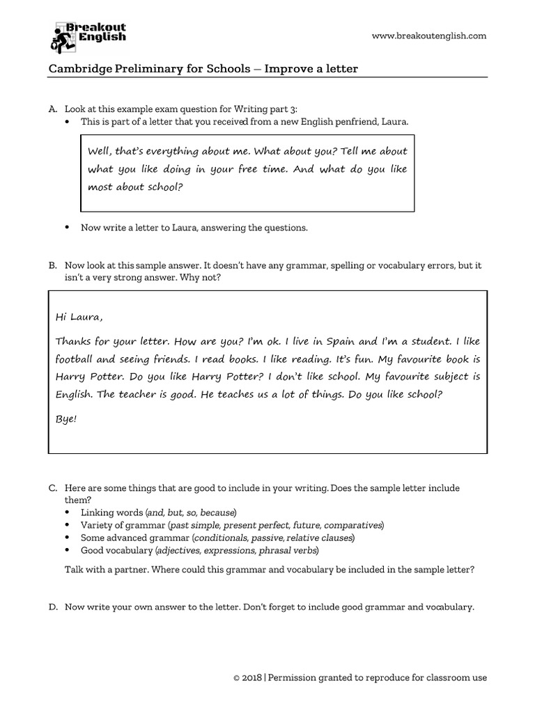 Preliminary PET Writing Improve A Letter | PDF