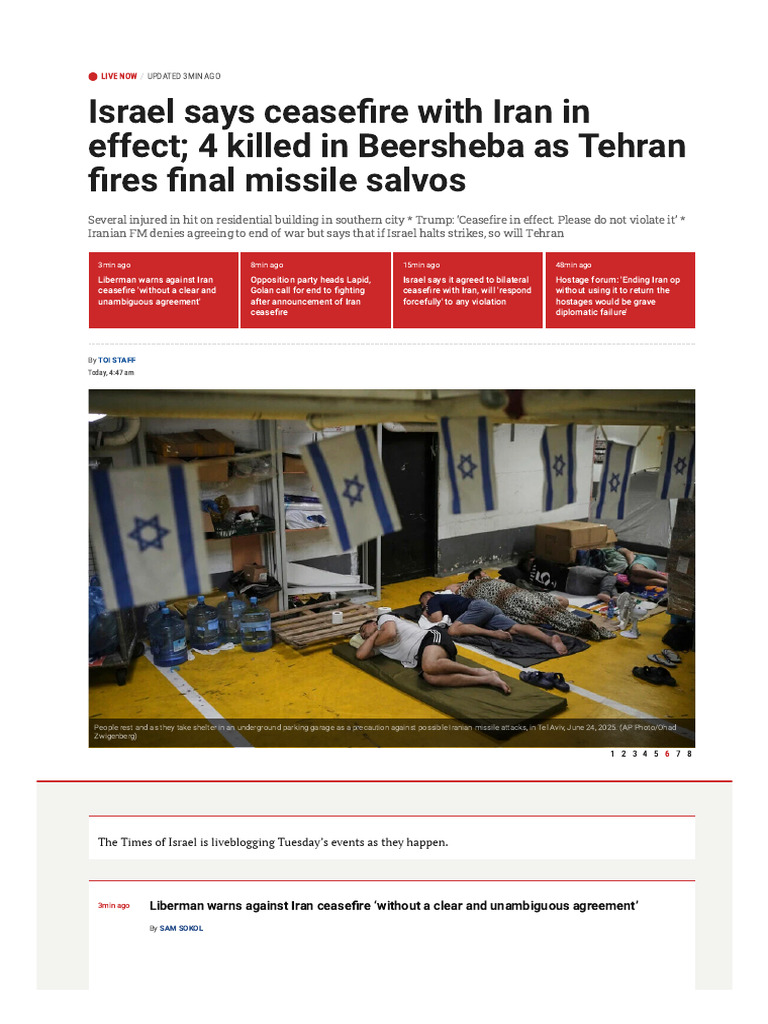 Israel Says Ceasefire With Iran in Effect 4 Killed in Beersheba As ...