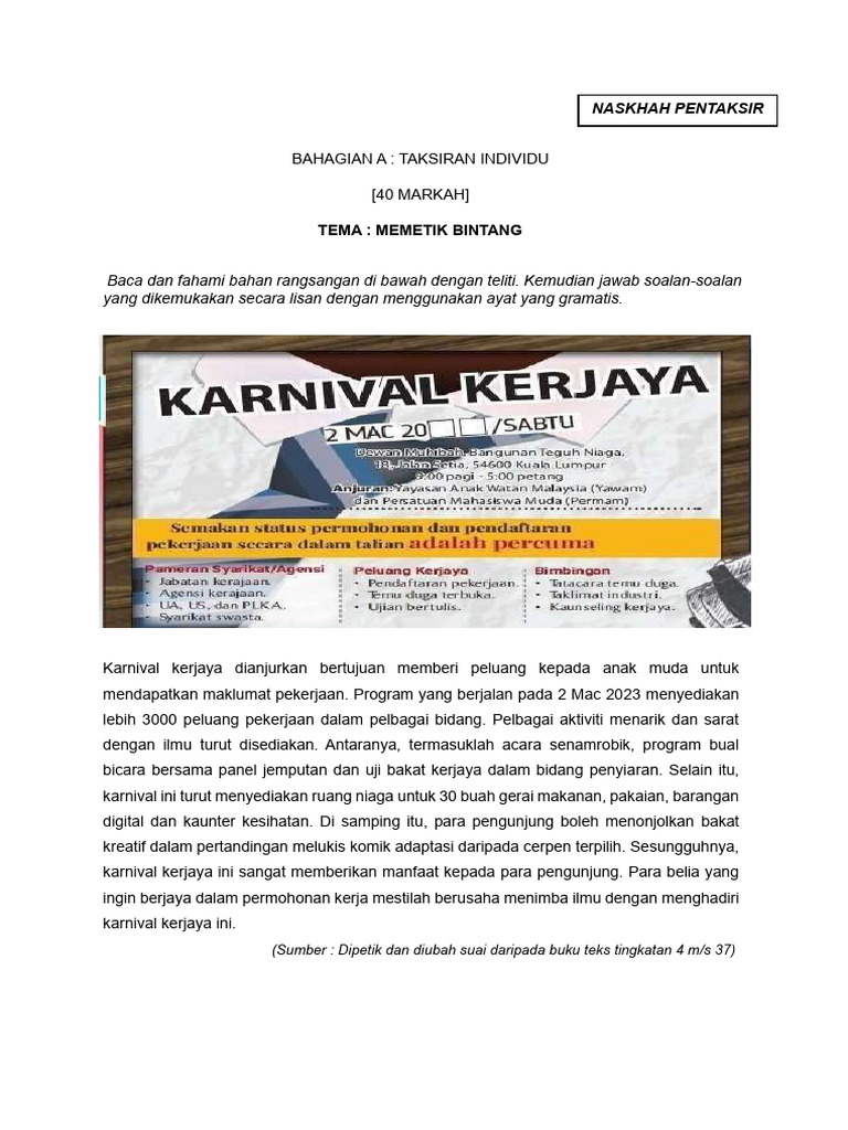 Naskah Pentaksir Soalan Ujian Bertutur Ting 4 Nad 2023 | PDF