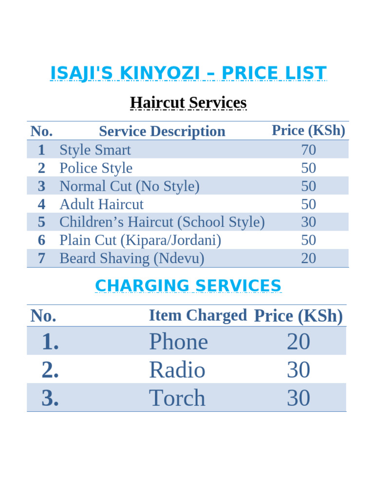 Isaji's Kinyozi Price List | PDF