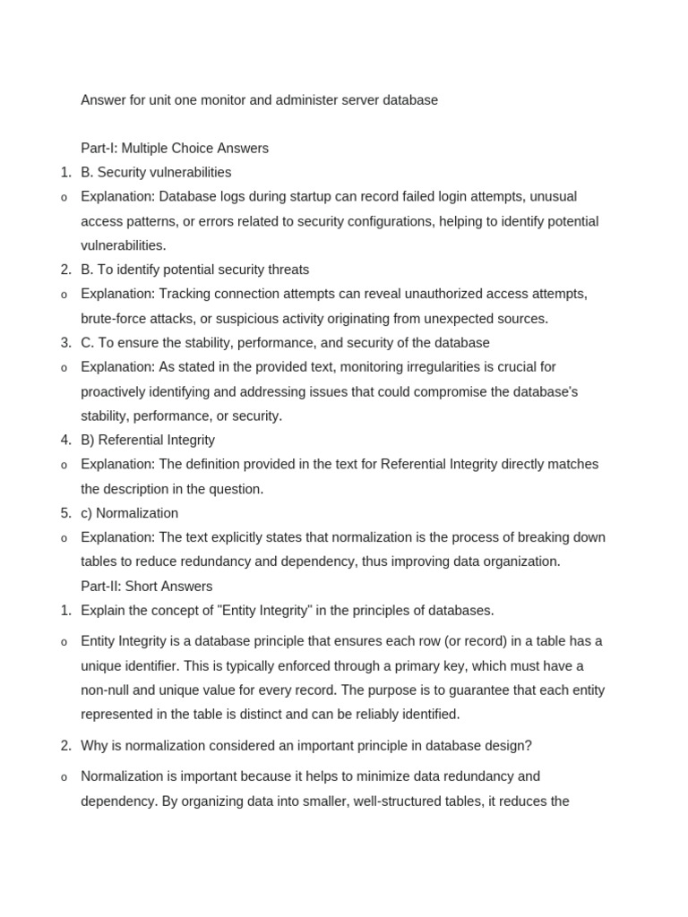 Answer For Unit One Monitor and Administer Server Database | PDF | Database Transaction | Acid