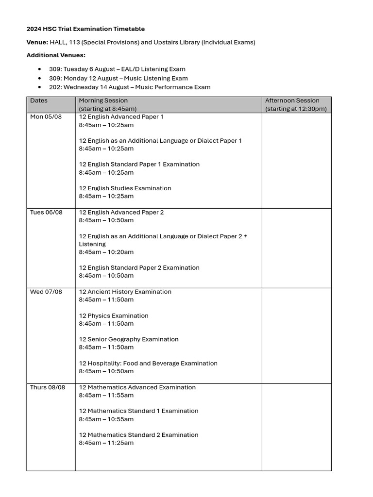2024 HSC Trial Examination Timetable FINAL | PDF | Educational ...