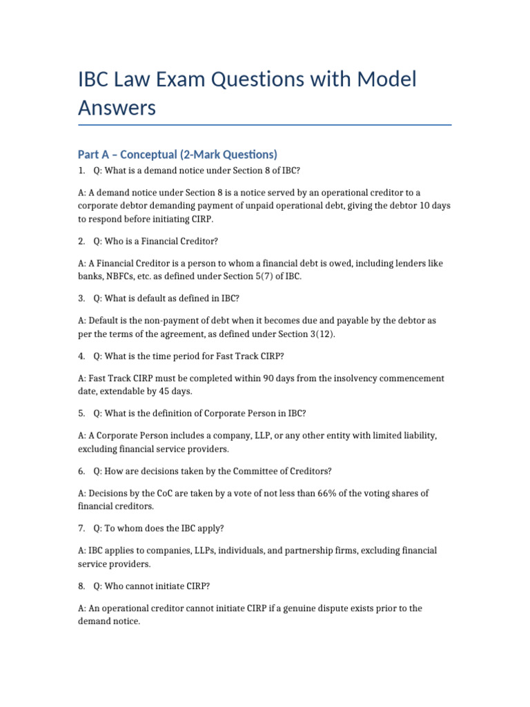 IBC Conceptual Questions With Answers | PDF | Creditor | Debtor