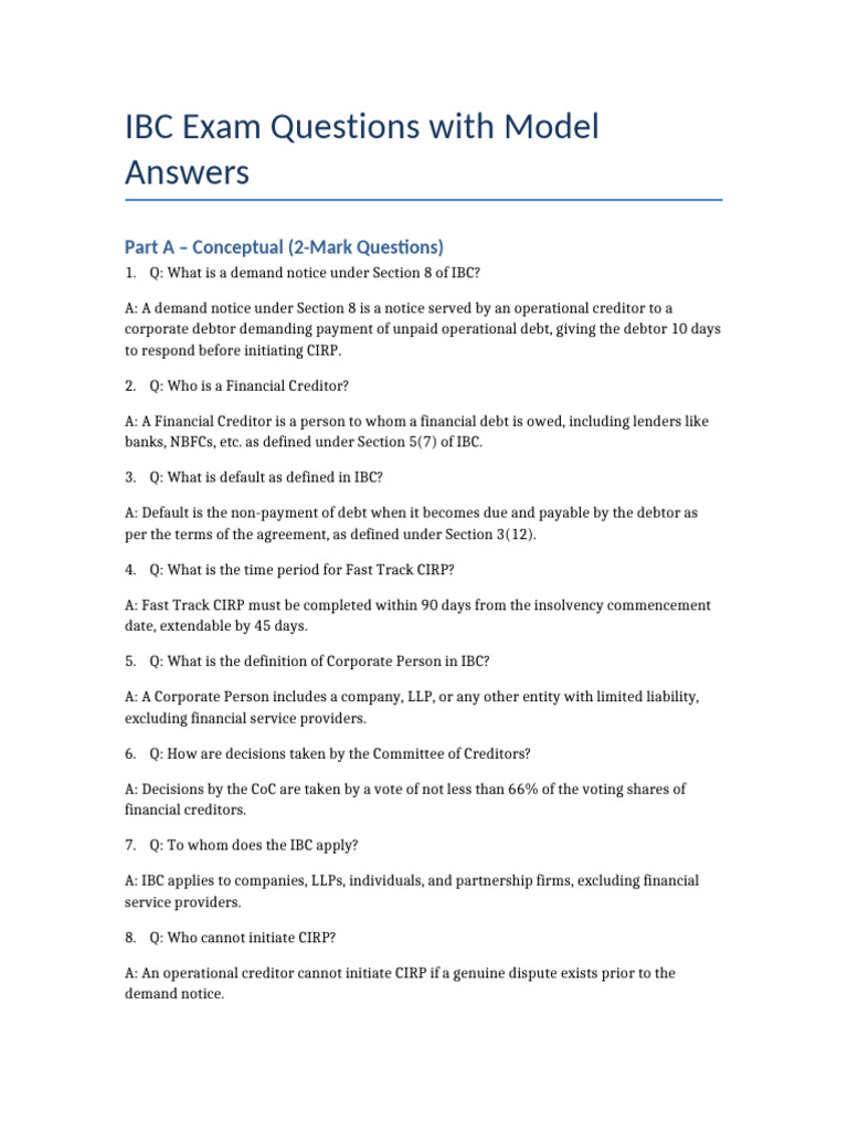 IBC Exam Questions and Answers Guide | PDF | Bankruptcy | Insolvency