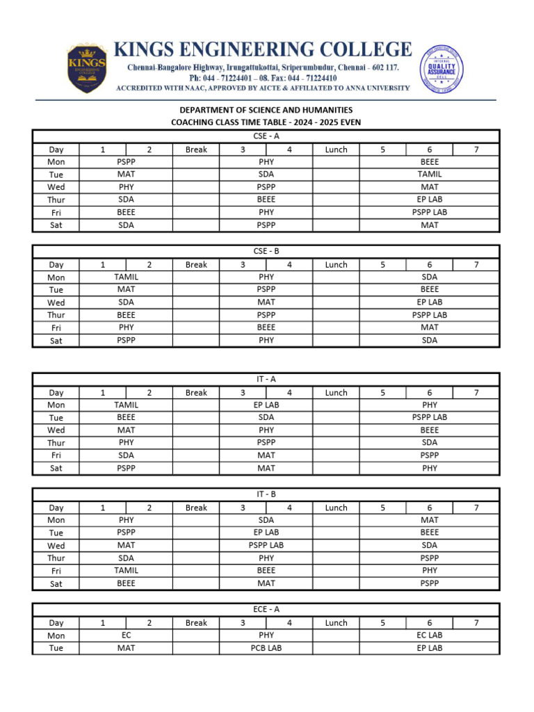 Coaching Time Table | PDF