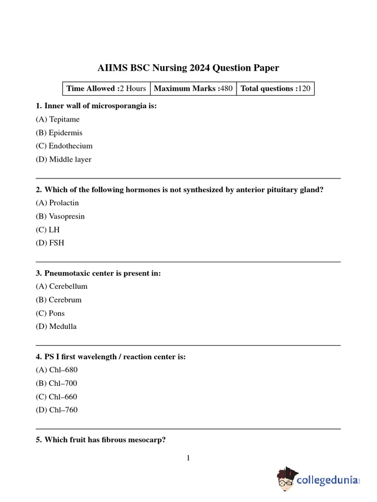 AIIMS BSC Nursing Question Paper 63f9342919361dd9803d479607ea36f0 | PDF ...