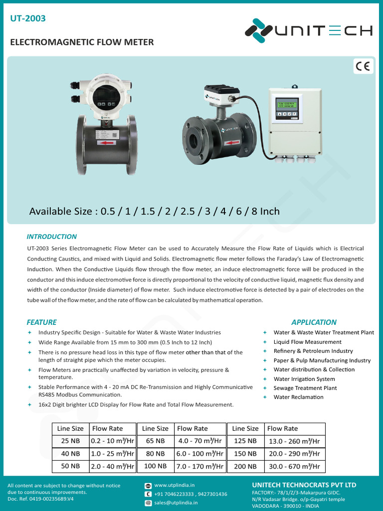 Unitech UT-2003 Electromagnetic Flow Meter | PDF | Flow Measurement | Physical Quantities