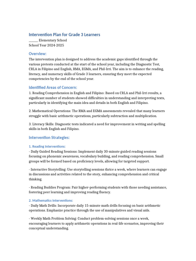 June22 Grade 3 Intervention Plan-RMA-CRLA-EGMA-PhilIri | PDF | Reading ...