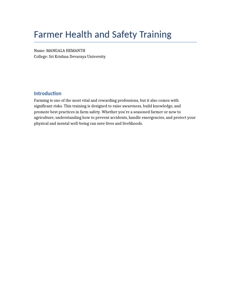 Farmer Health and Safety Training Document Hemanth | PDF