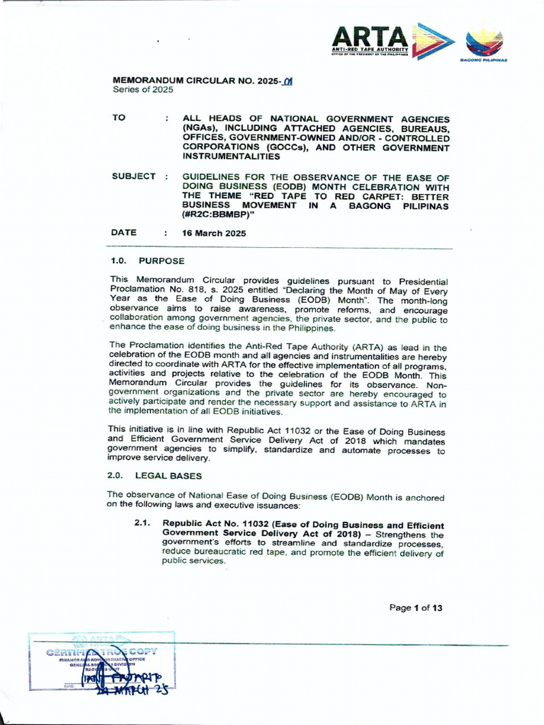 MC Guidelines On EODB Month 1 | PDF