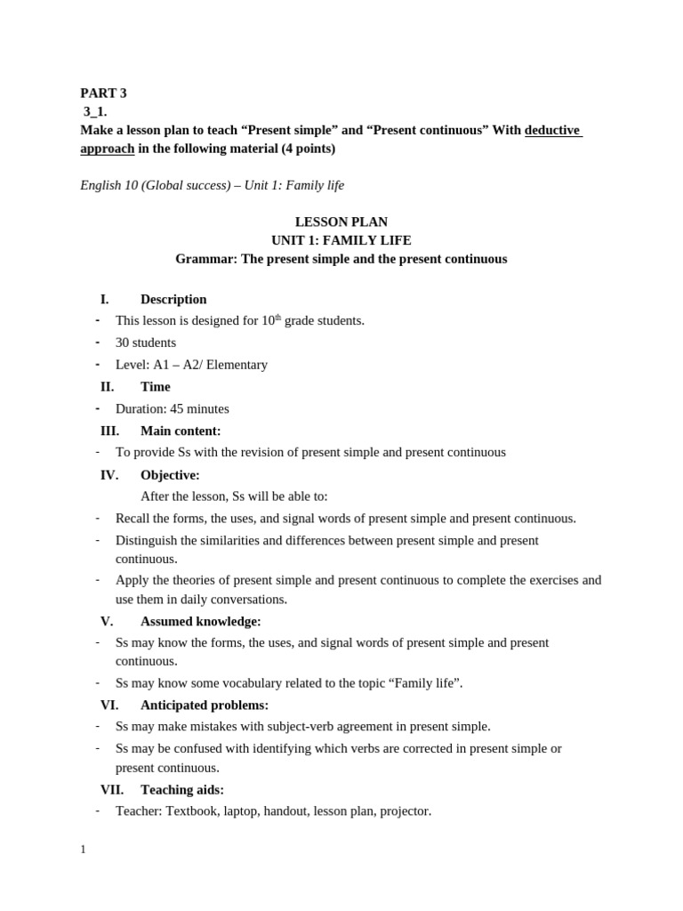 Lesson Plan: Present Simple vs Continuous | PDF | Sentence (Linguistics ...