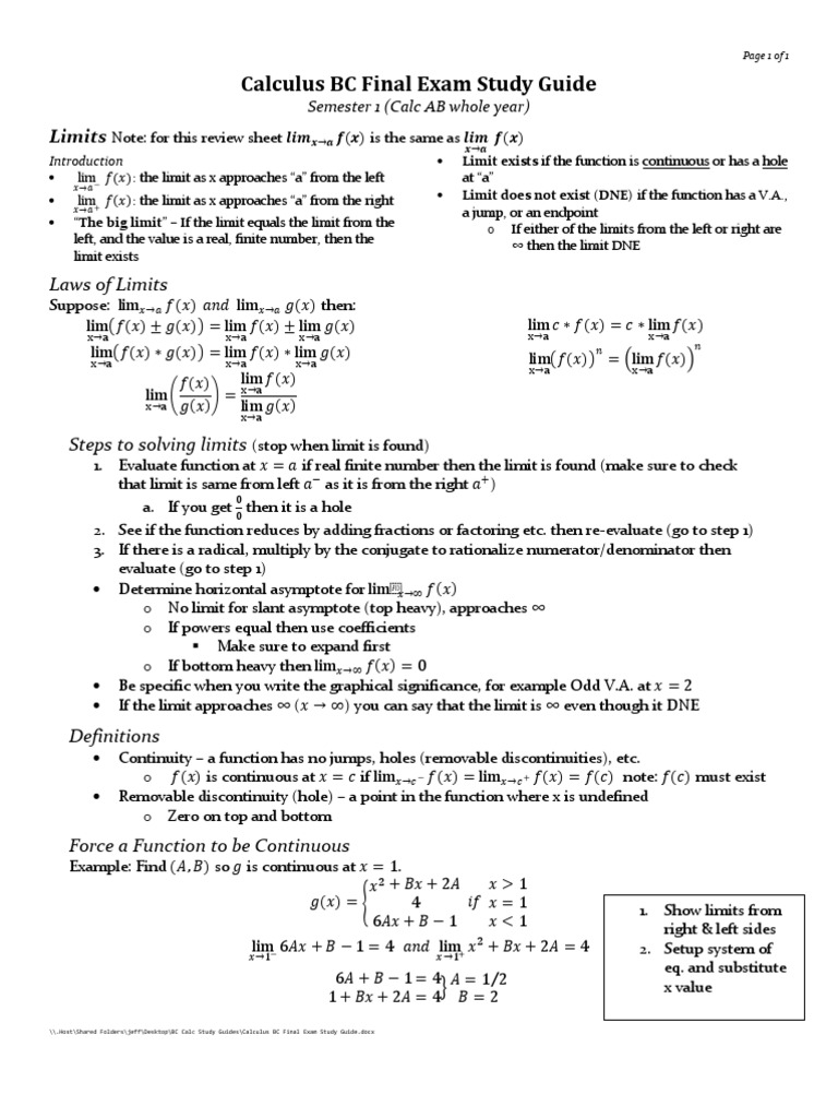 Calculus BC Final Exam Study Guide - Semester 1 v1.3b | Derivative ...