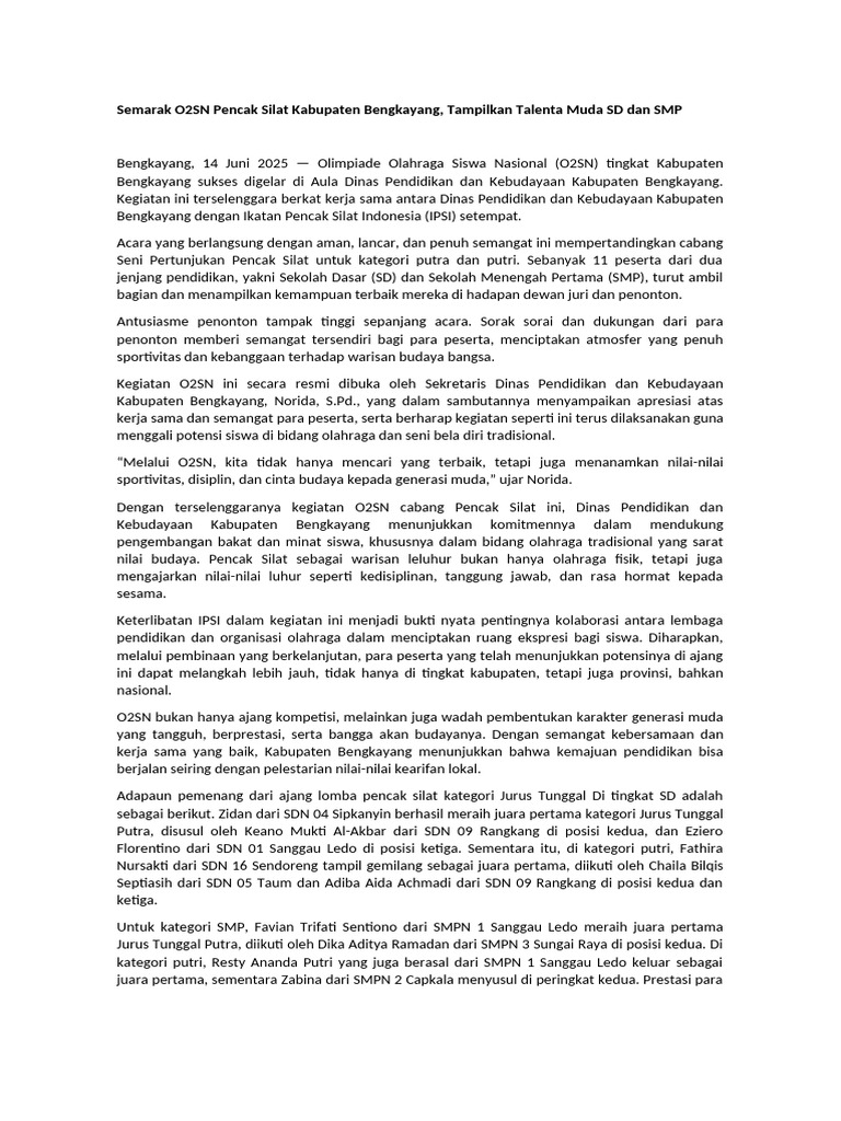 Berita Semarak O2SN Pencak Silat Kabupaten Bengkayang | PDF