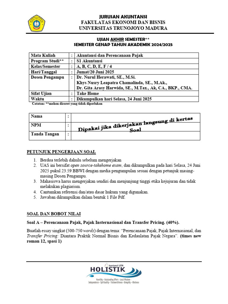 UAS Akuntansi Dan Perencanaan Perpajakan - GENAP 2024 2025 | PDF
