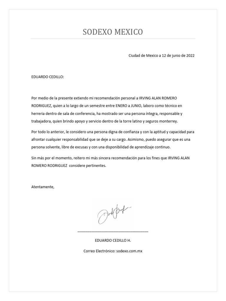 Recomendación para Irving Alan Romero | PDF