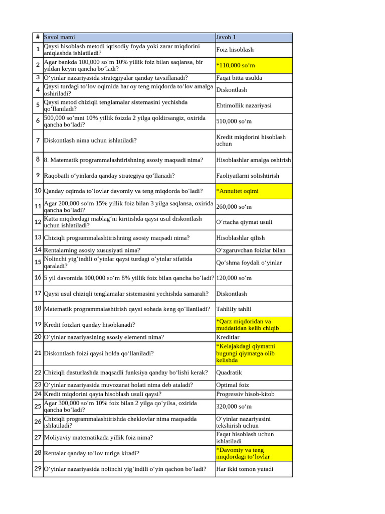 Biznes Matem Yakuniy Savollar | PDF