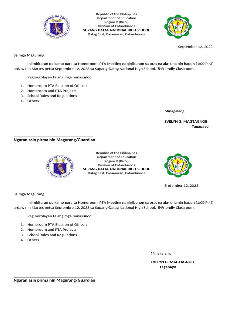 Letter PTA Meeting | PDF
