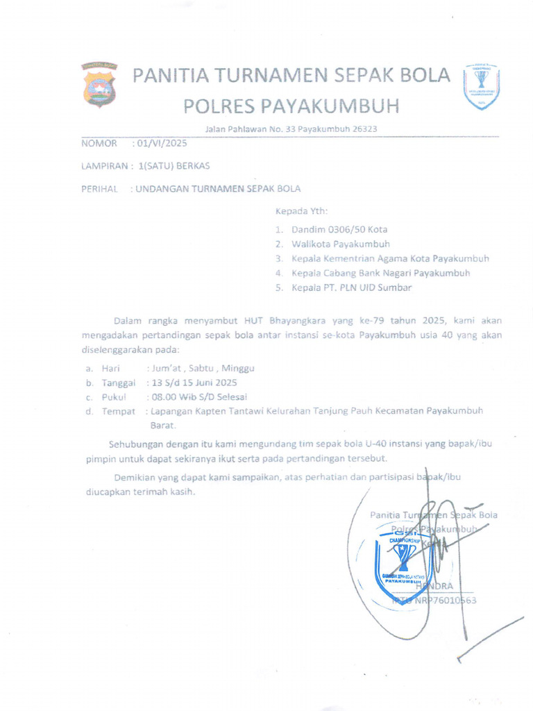Undangan Turnamen Sepak Bola Polres Payakumbuh Atau Gsi Kepada Pt. PLN ...