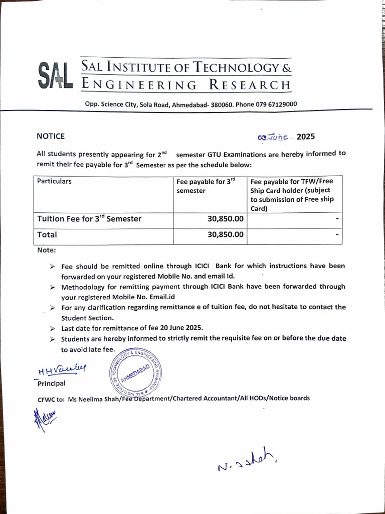 BE Sem-3 Fee Circular | PDF