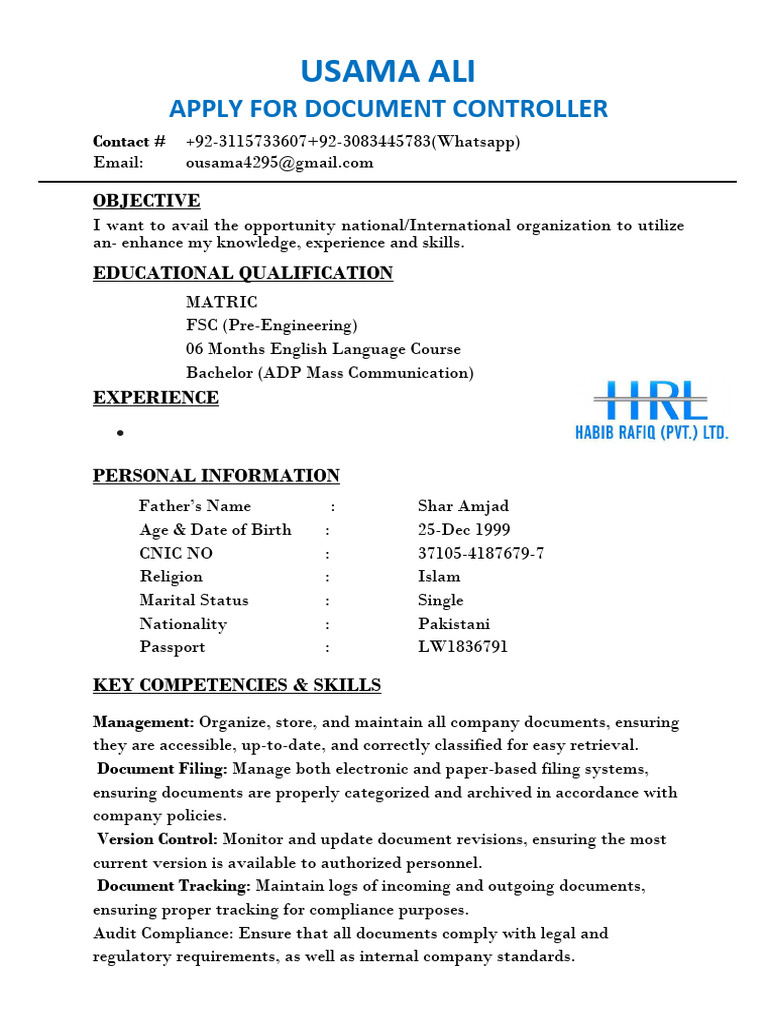 Document Controller Application - Usama Ali | PDF
