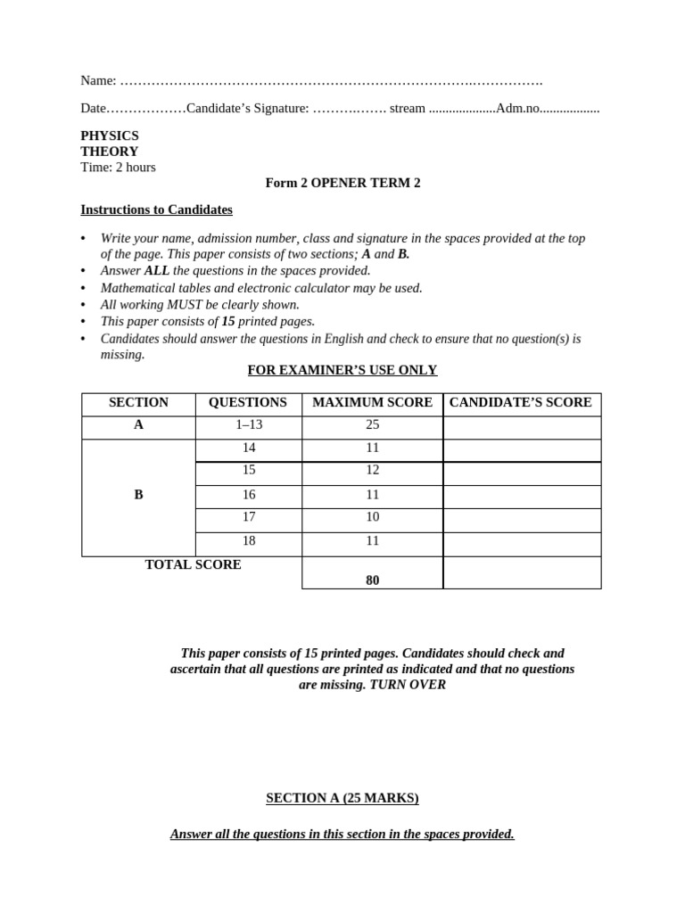 Form 2 - Physics - Question Paper - Term 2 | PDF | Density | Pressure
