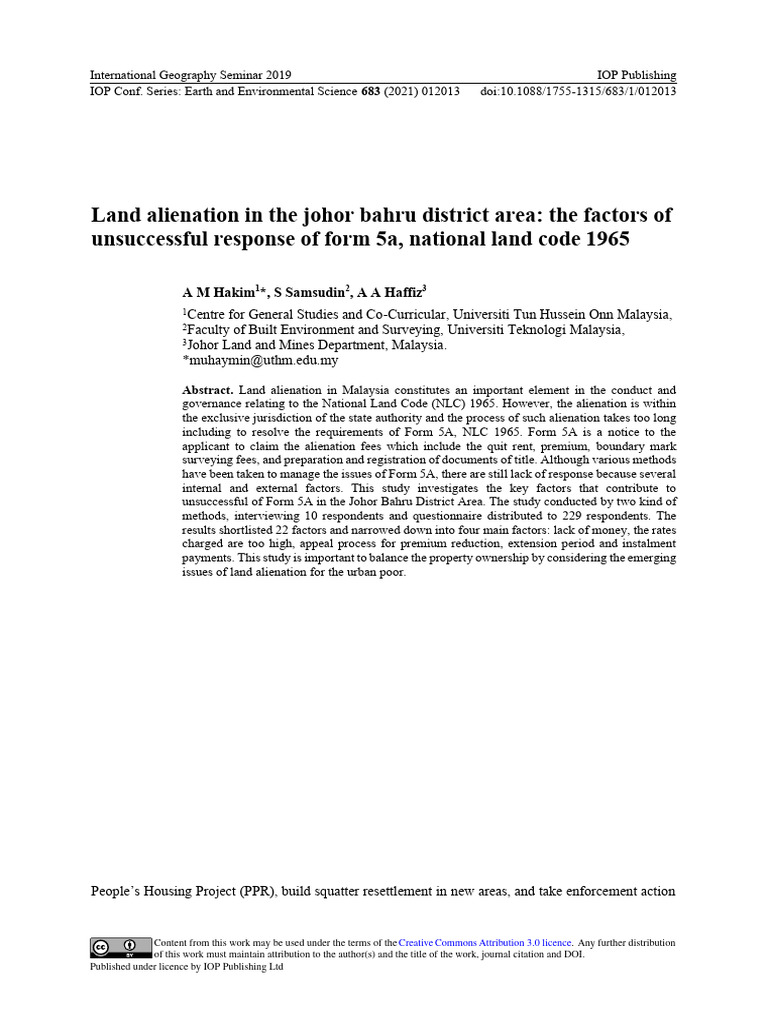 Land Alienation in The Johor Bahru District Area: The Factors of ...