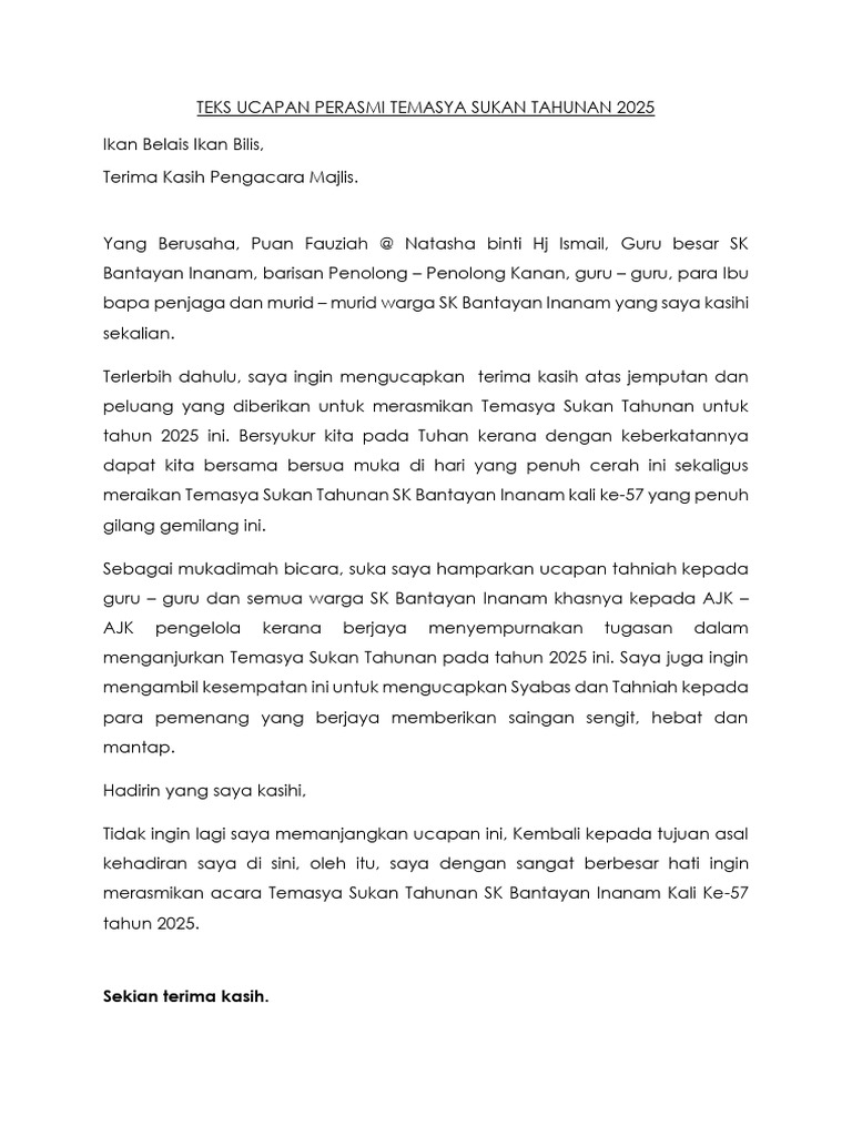 Teks Ucapan Perasmian Temasya Sukan Skbi 2025 | PDF