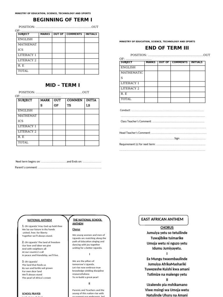 p.1 - p.3 Report Card Palabek Parent School | PDF