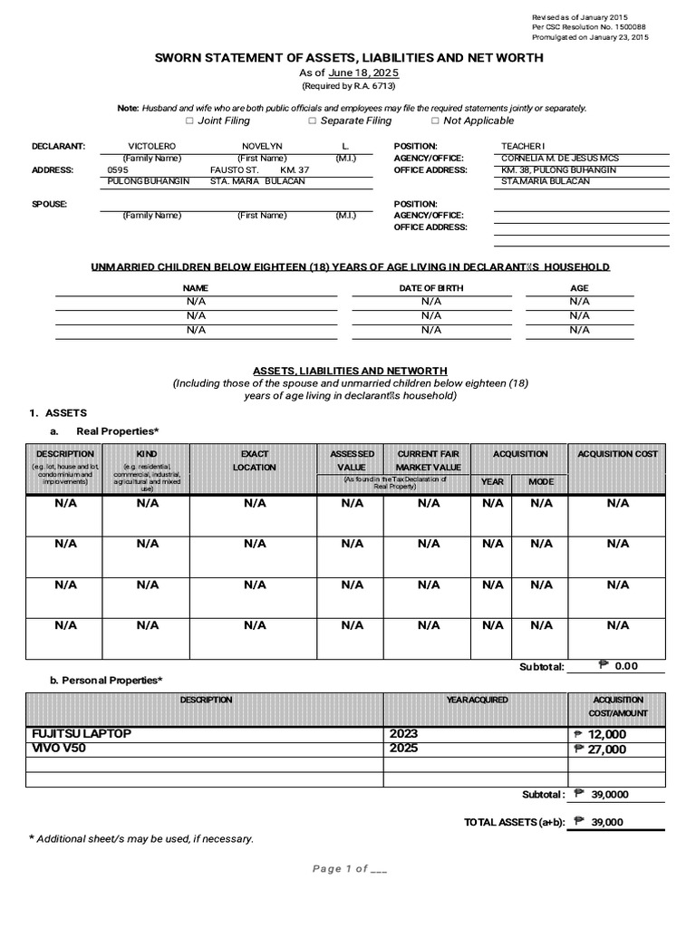 SALN Form 2025 for Victolero Novelyn | PDF | Balance Sheet | Money