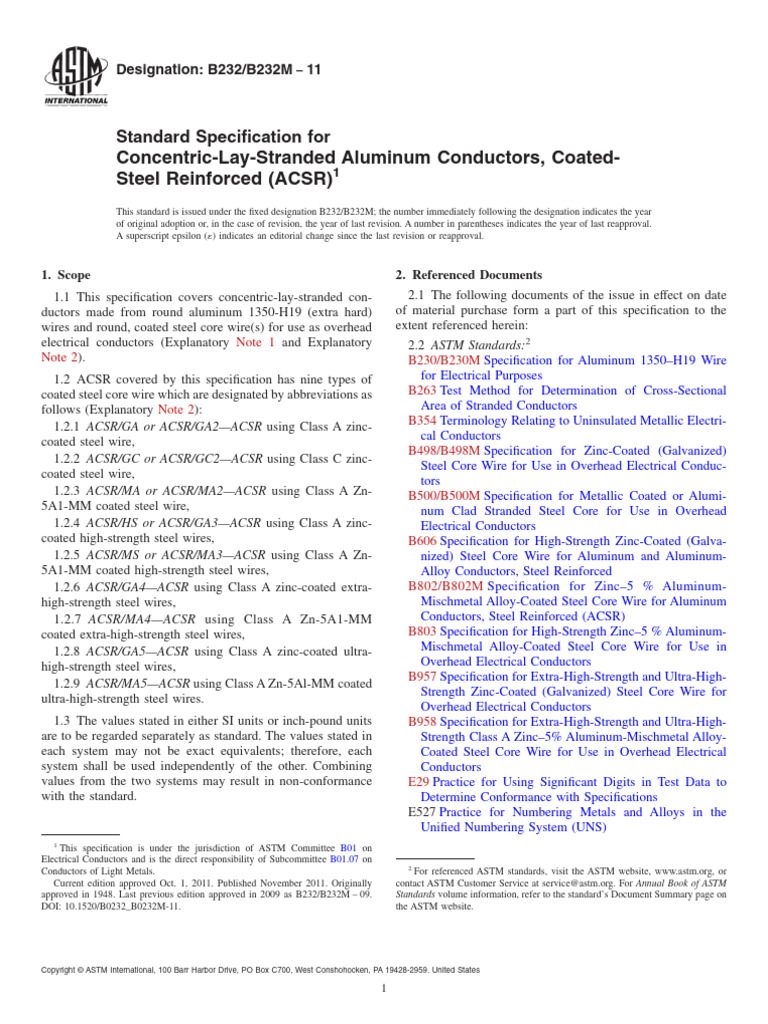 Astm b232 Standard Specification For Cocentric-Lay-Stranded Aluminum Conductors, Coated-Steel ...