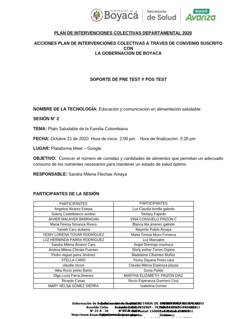 Plan de Intervenciones Salud Boyacá 2020 | PDF