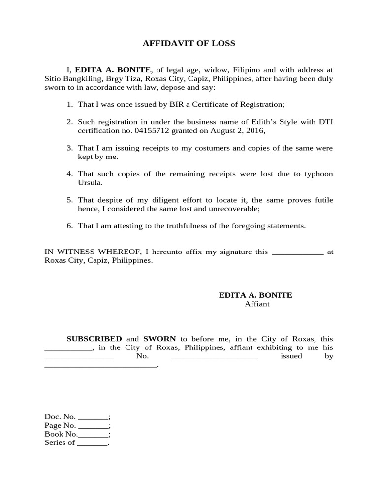 Affidavit of Loss Receipts Mama Edith | PDF