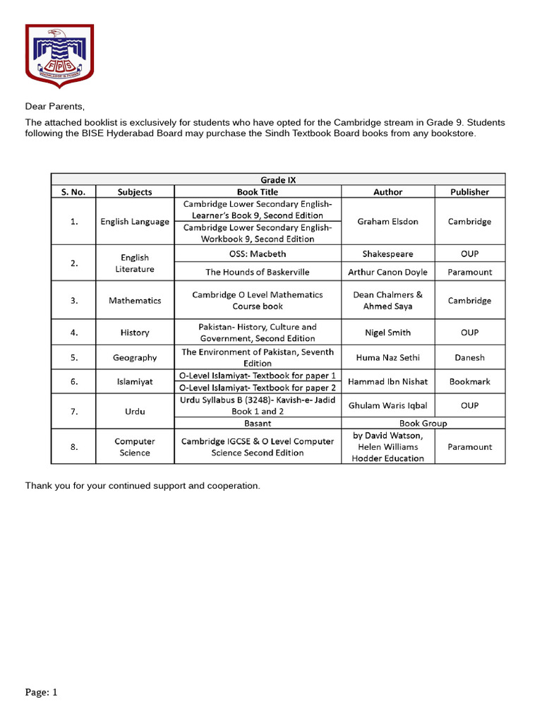Grade 9 Booklist | PDF