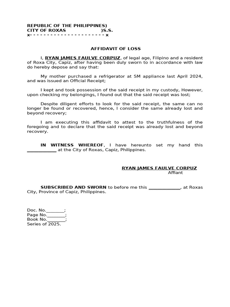 Affidavit of Loss RECEIPT ILEDAN | PDF